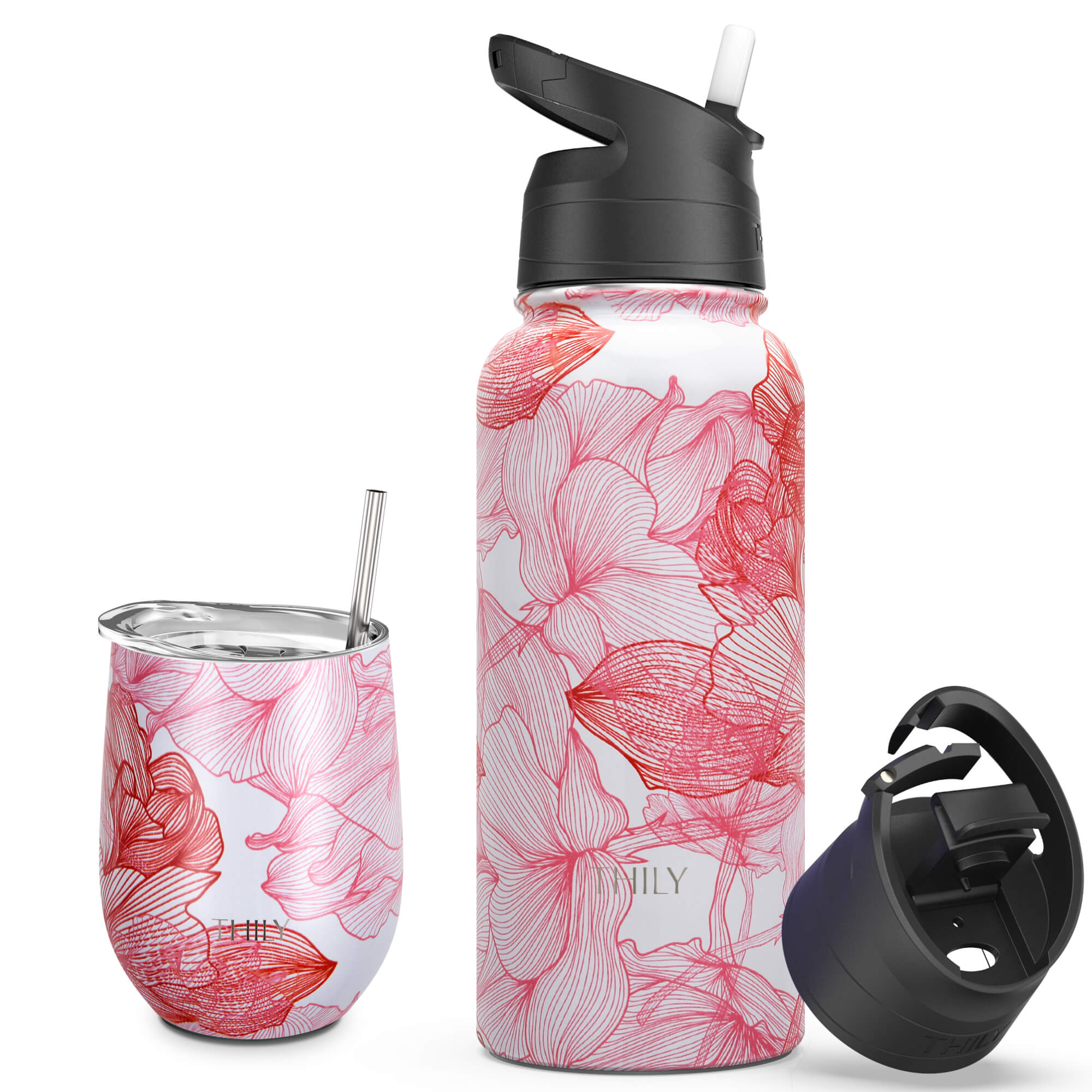 THILY 12 oz Wine Tumbler and 32 oz Water Bottle, Red Lotus